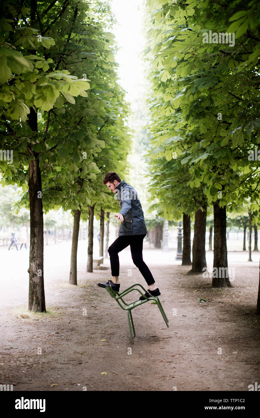 Side view of playful man balancing on tipping chair amidst trees at ...
