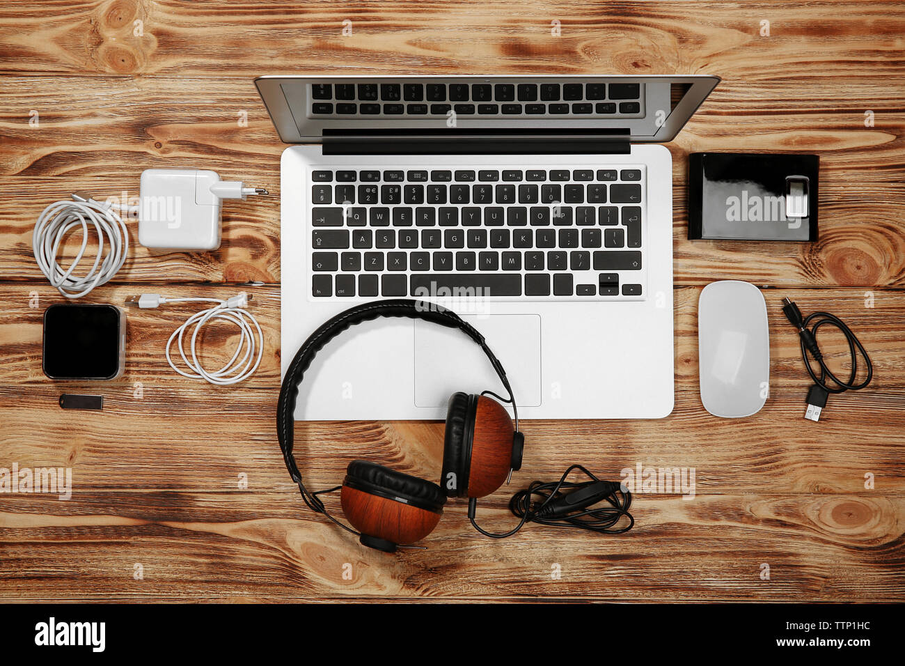 Laptop with accessories. Energy and information safety concept Stock ...