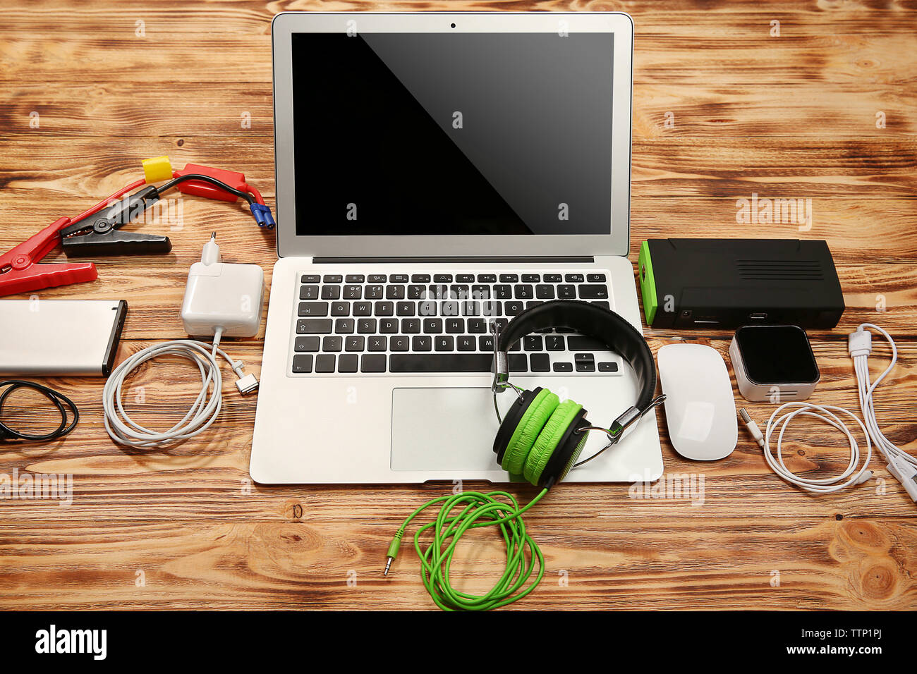 Laptop with accessories. Energy and information safety concept Stock ...