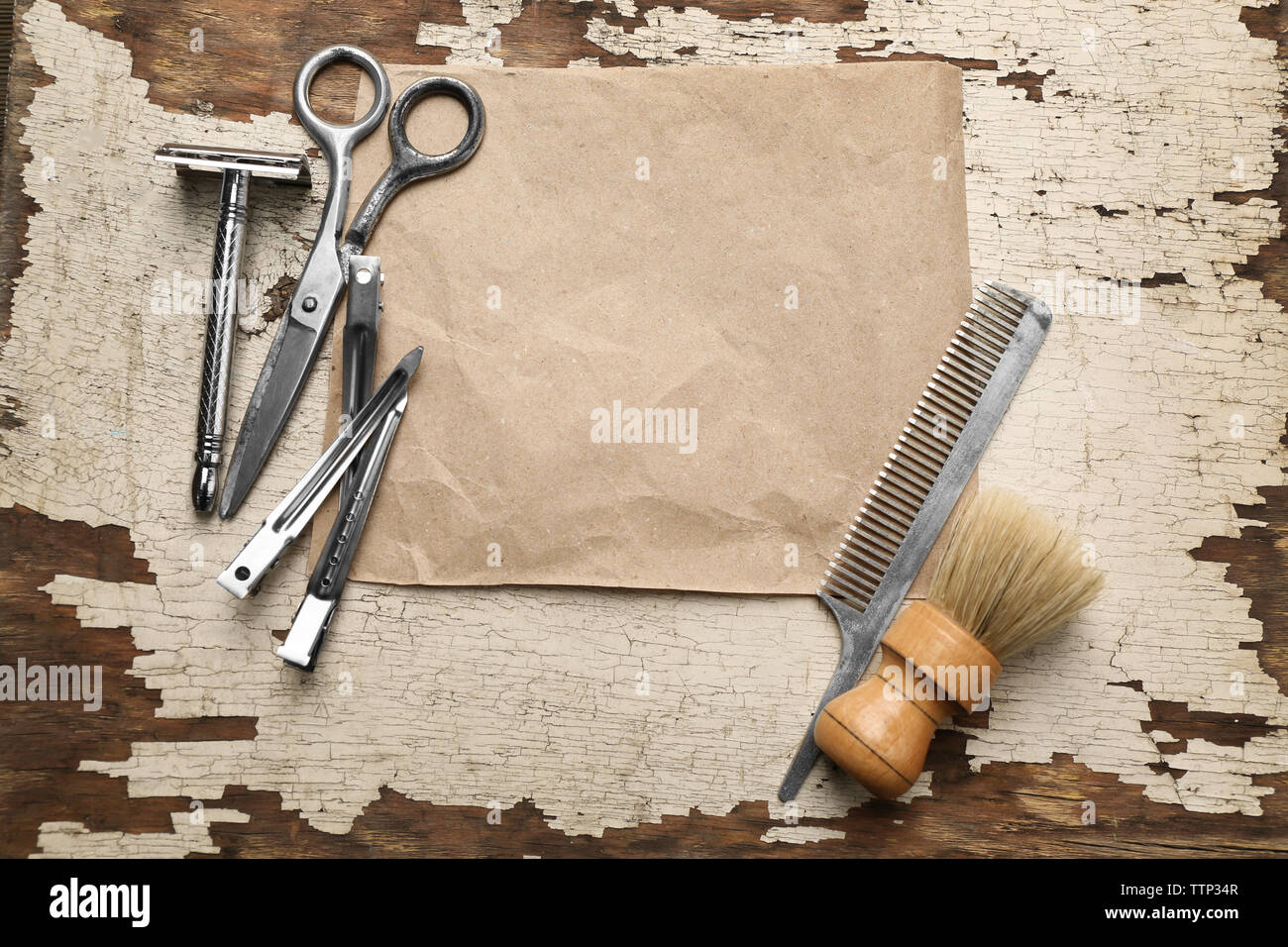 Vintage tools of barber shop on wooden background Stock Photo - Alamy