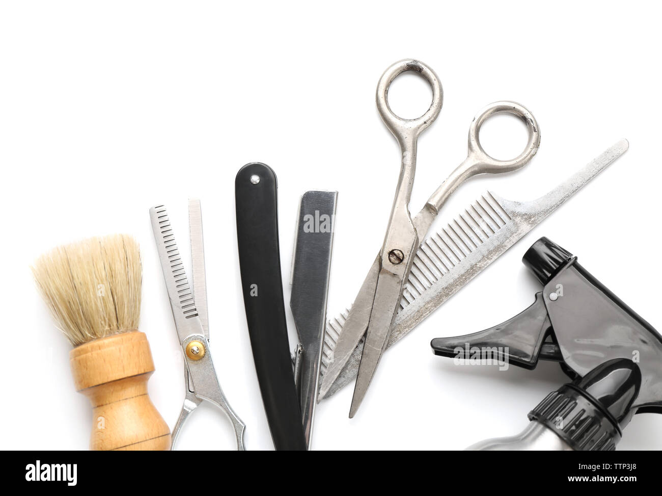 Vintage tools of barber shop on white background Stock Photo - Alamy