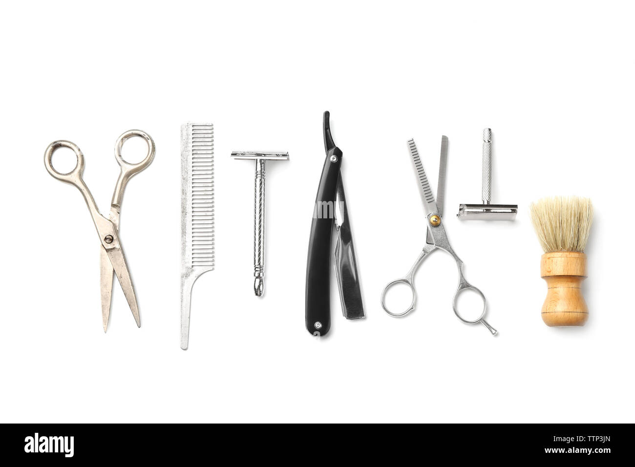 Vintage tools of barber shop on white background Stock Photo - Alamy
