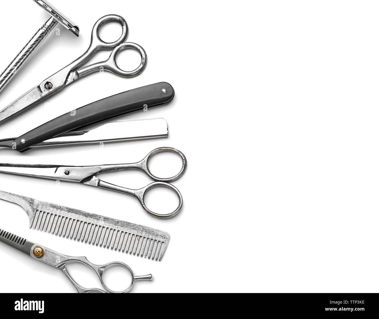 Vintage tools of barber shop on white background Stock Photo - Alamy