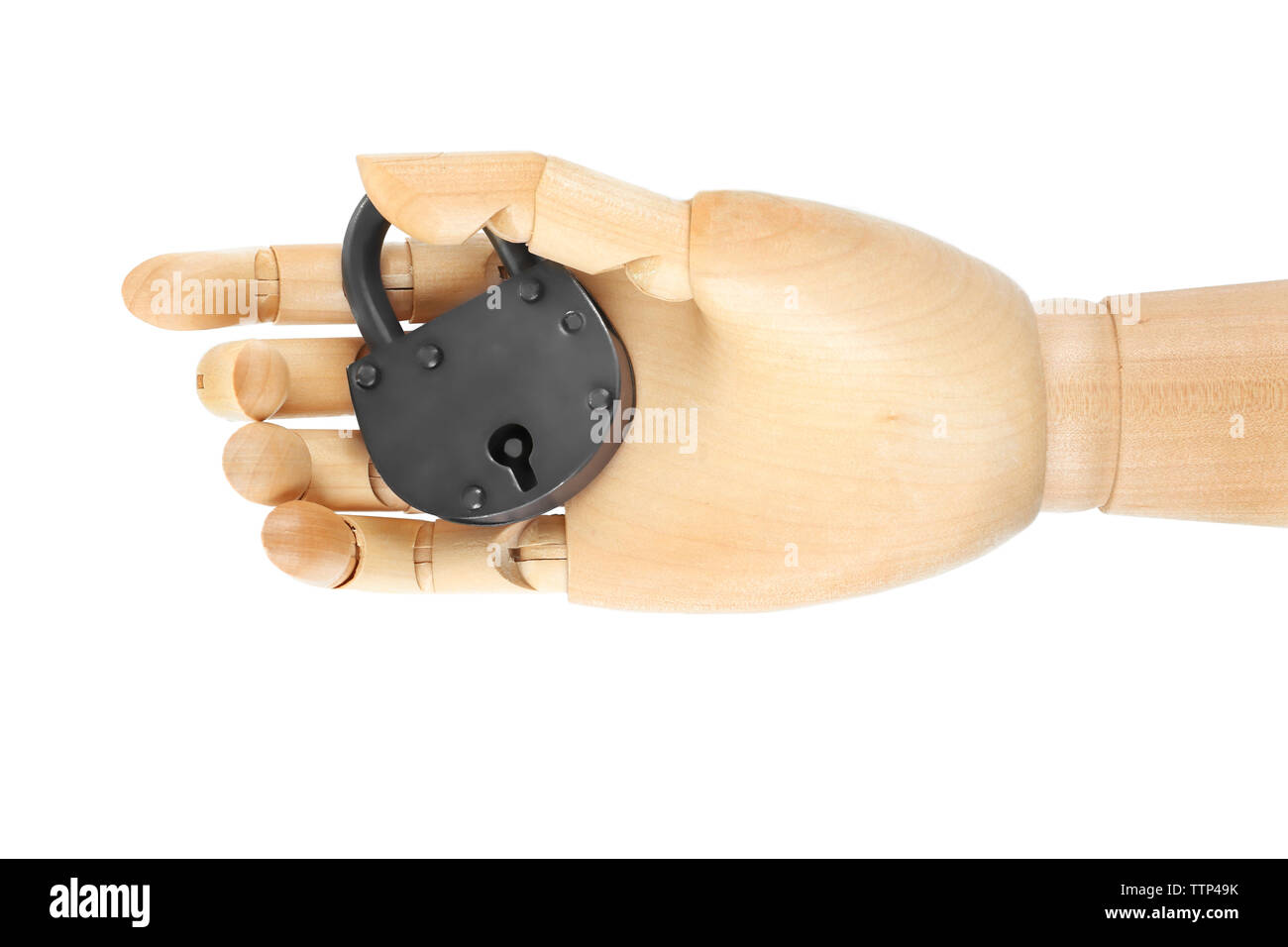 Wooden hand holding padlock on white background Stock Photo - Alamy