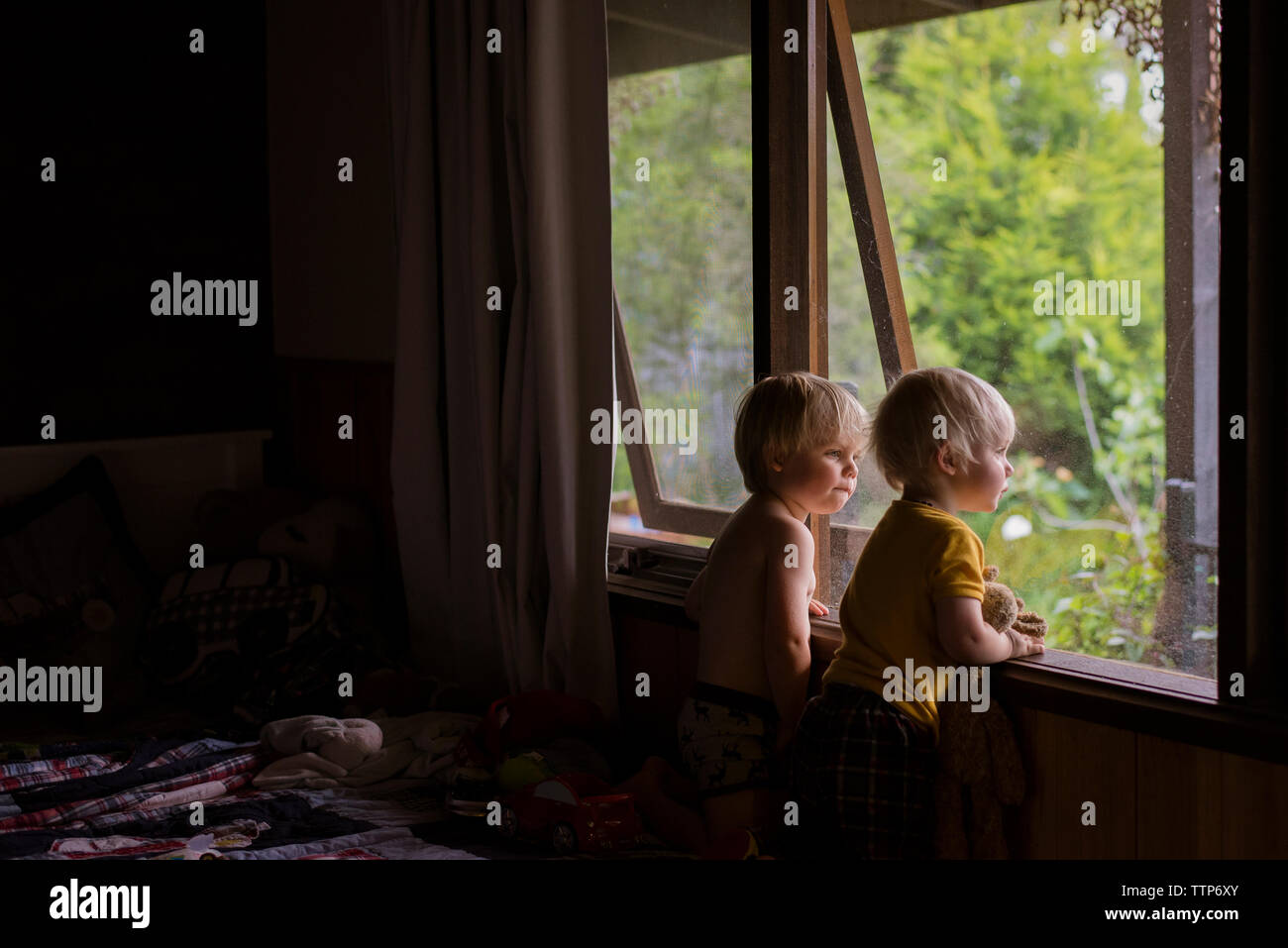 Brothers looking through window while standing at home Stock Photo - Alamy