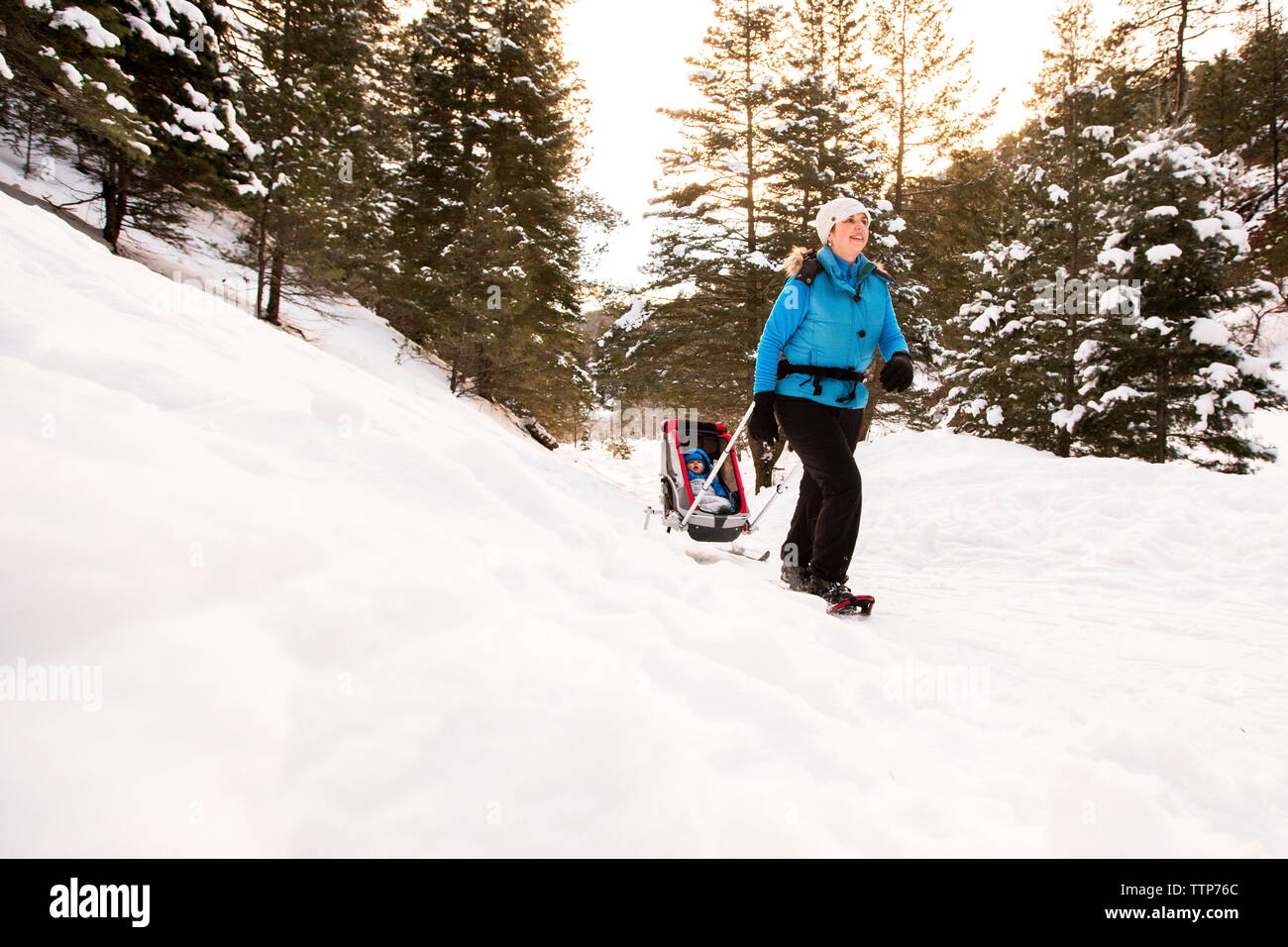 Woman with son in sled on snowy field against trees Stock Photo - Alamy