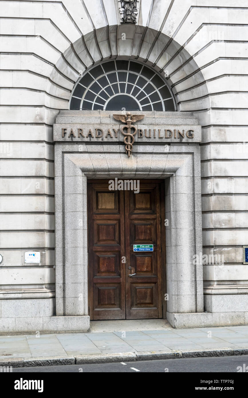 London, UK - May 28, 2019: The back entrance to the Faraday Building in ...