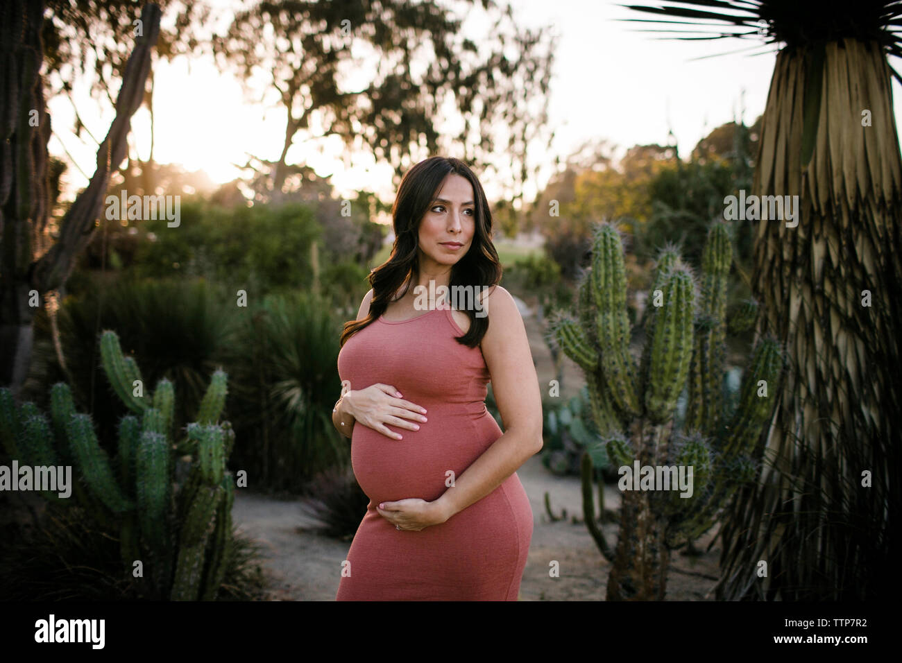 Pregnant woman with hands on stomach looking away while standing in ...