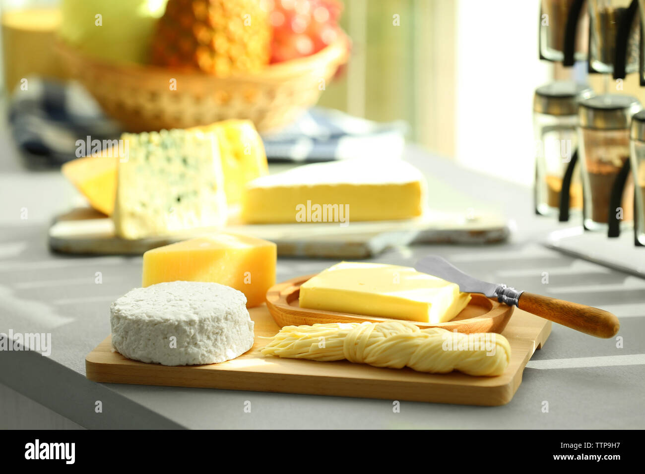 Dairy products on kitchen table Stock Photo - Alamy
