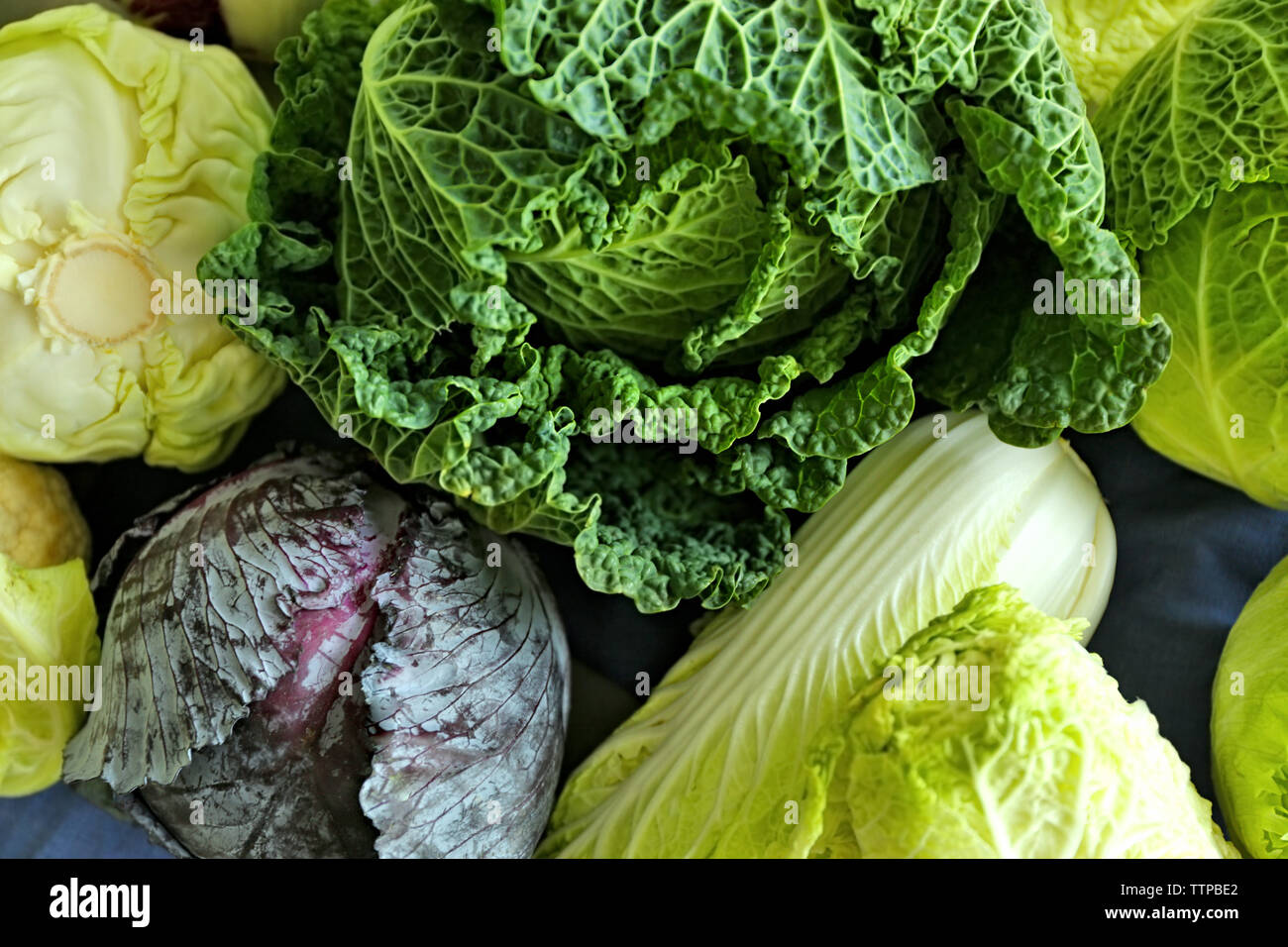 Different kinds on cabbage, closeup Stock Photo - Alamy