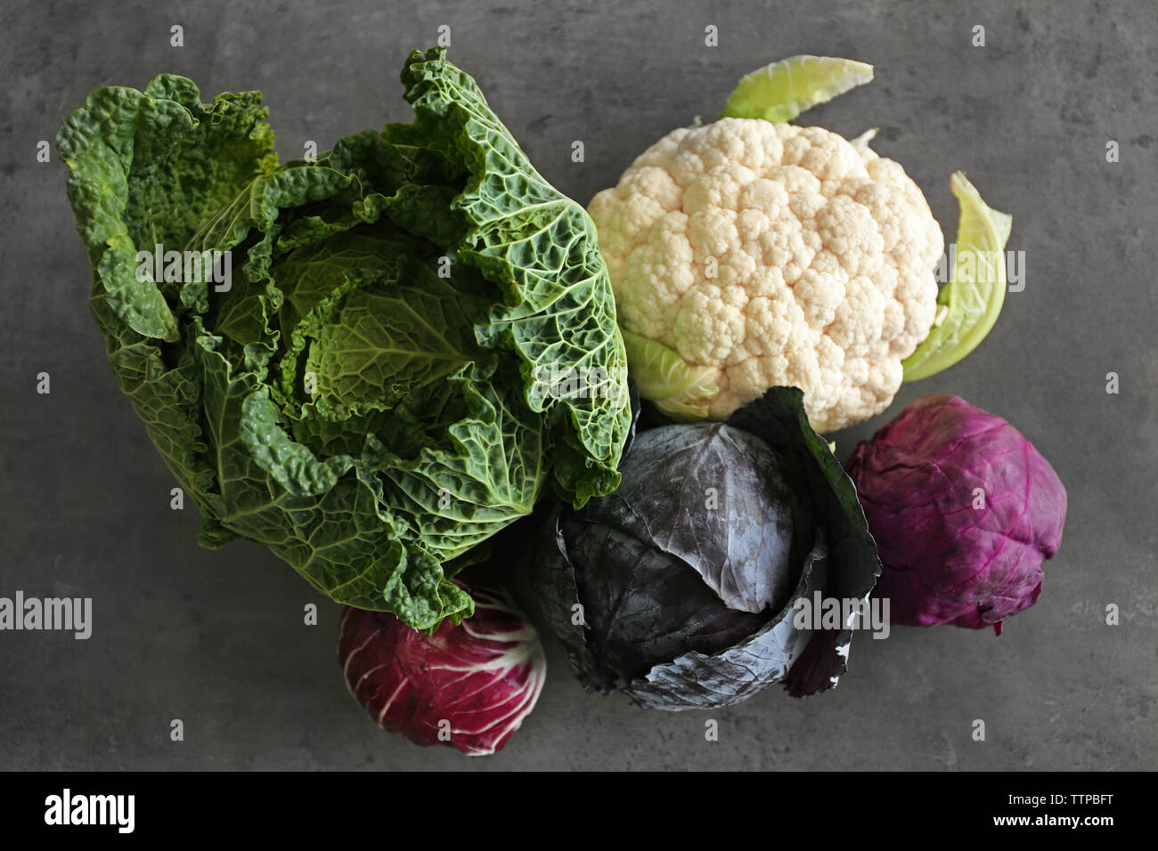 Different kinds of fresh cabbage, top view Stock Photo - Alamy