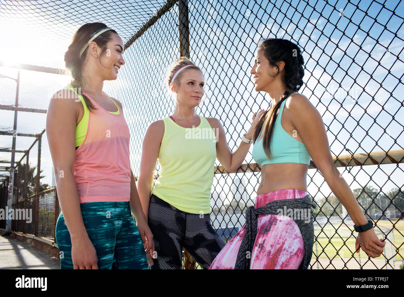 Female athletes talking while standing against fence Stock Photo - Alamy