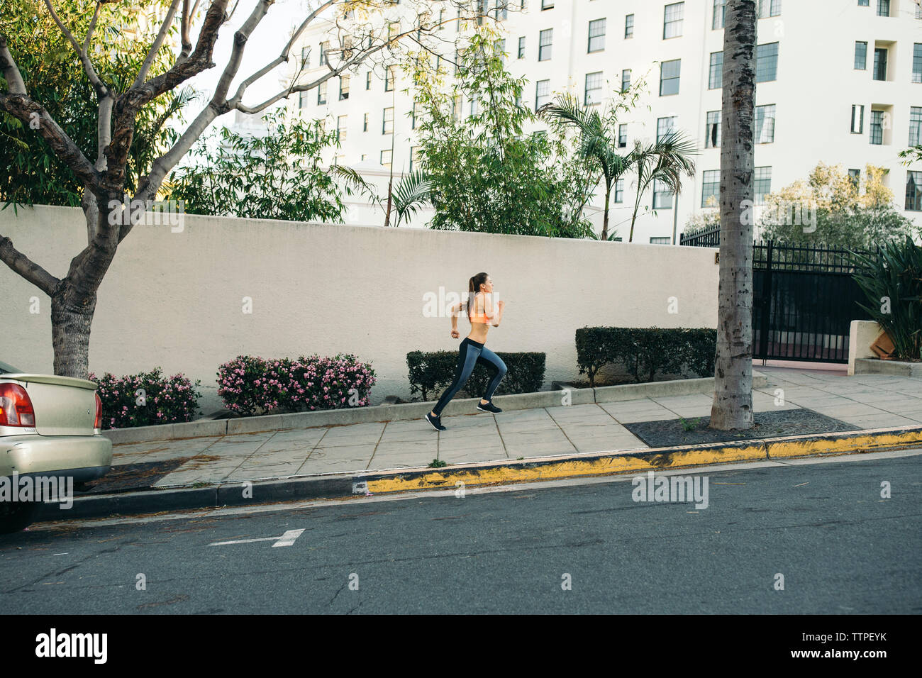 Side view of female athlete running on sidewalk in city Stock Photo - Alamy