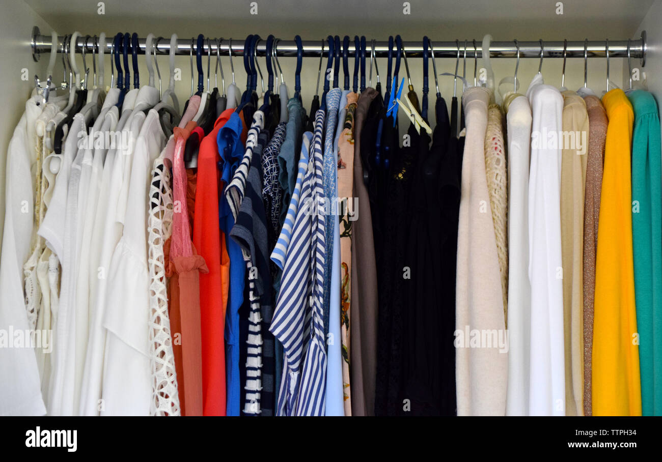 Blouses, dresses and shirts hanging on clothes rack in the wardrobe ...