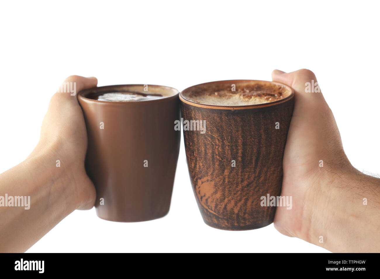 Hands holding cups of coffee, isolated on white Stock Photo - Alamy
