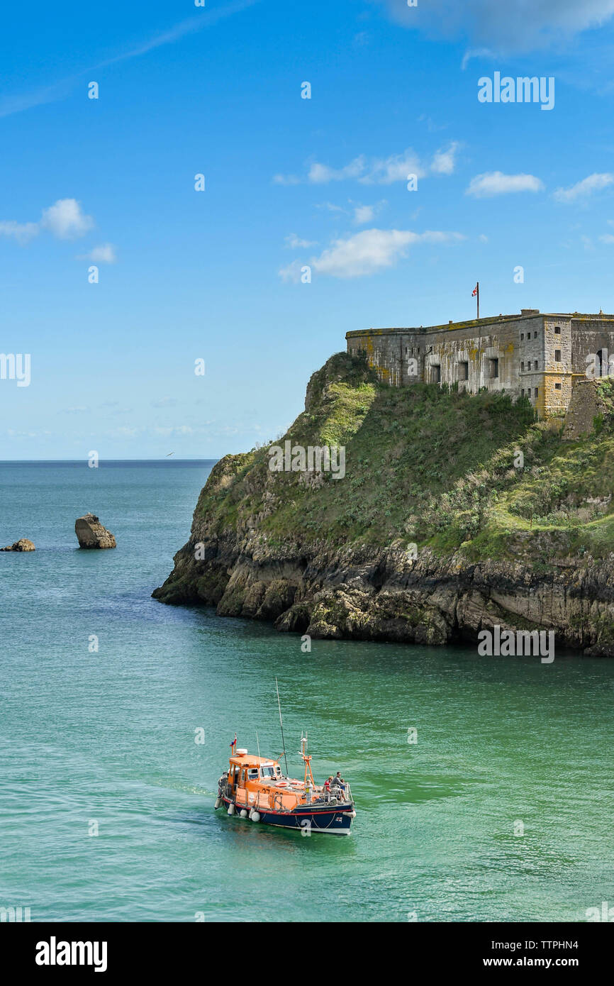TENBY, PEMBROKESHIRE, WALES - AUGUST 2018: The old Tenby lifeboat now ...