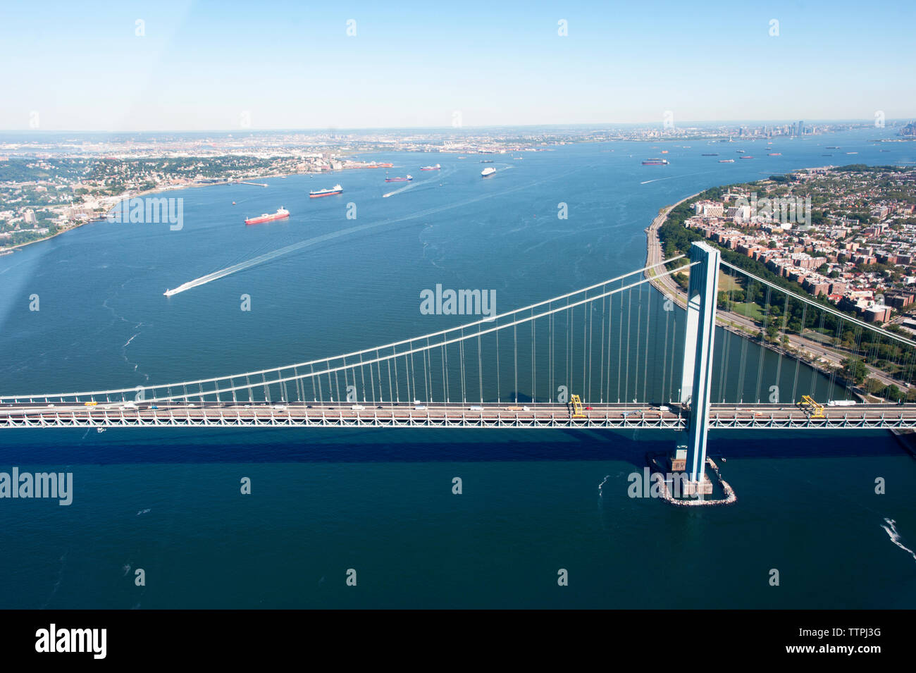 High angle view of Bronx Whitestone Bridge over East River Stock Photo ...