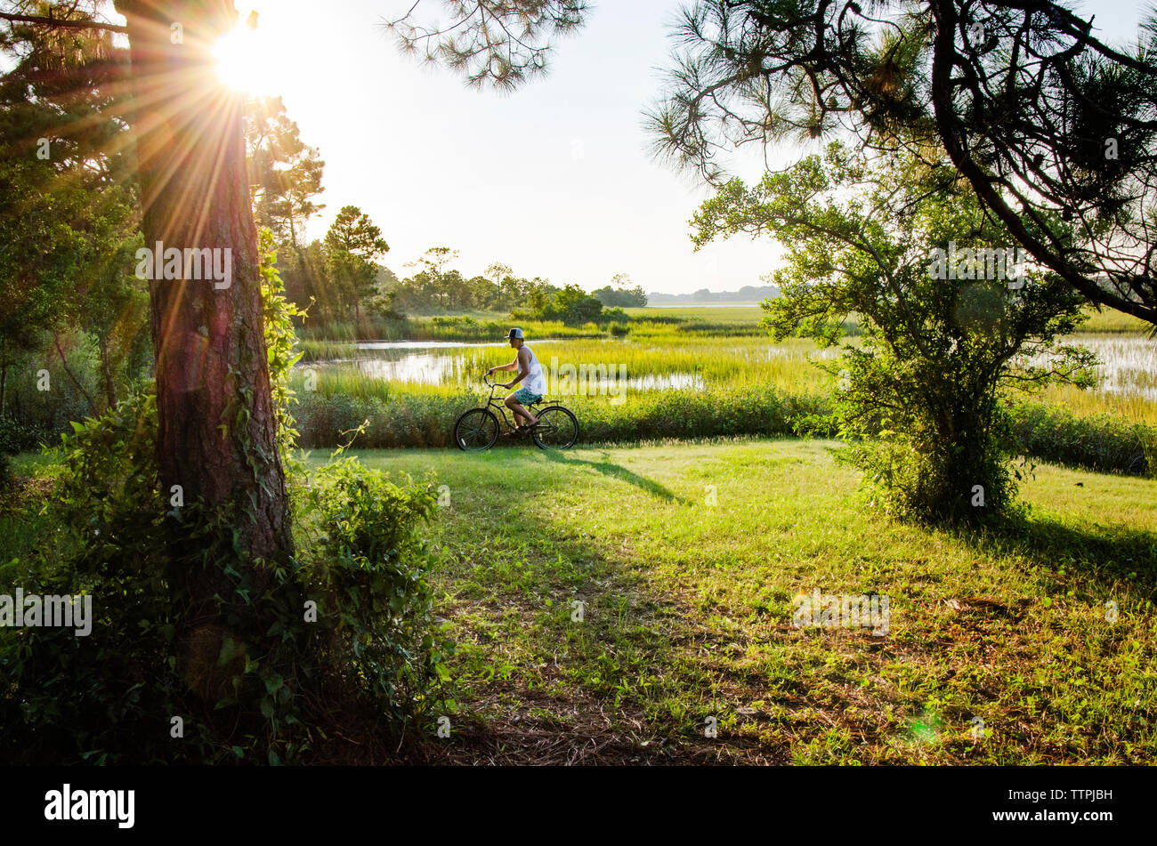 Side view of man riding bicycle on grassy field Stock Photo - Alamy