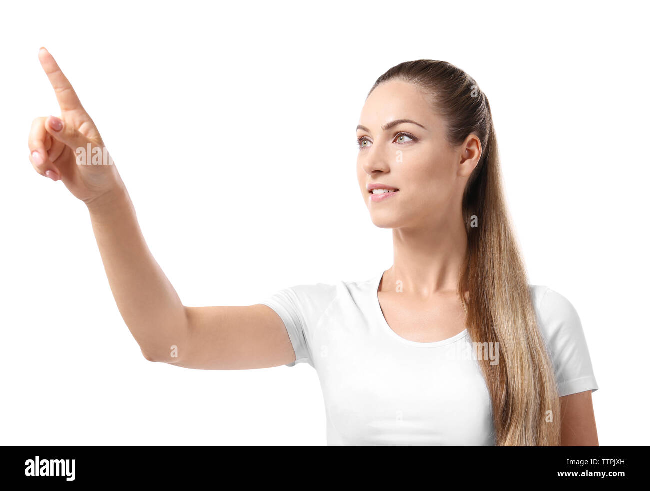 Finger pointing gesture woman smile Cut Out Stock Images & Pictures - Alamy