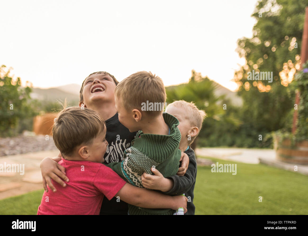 Happy brothers embracing while standing at park against clear sky Stock ...