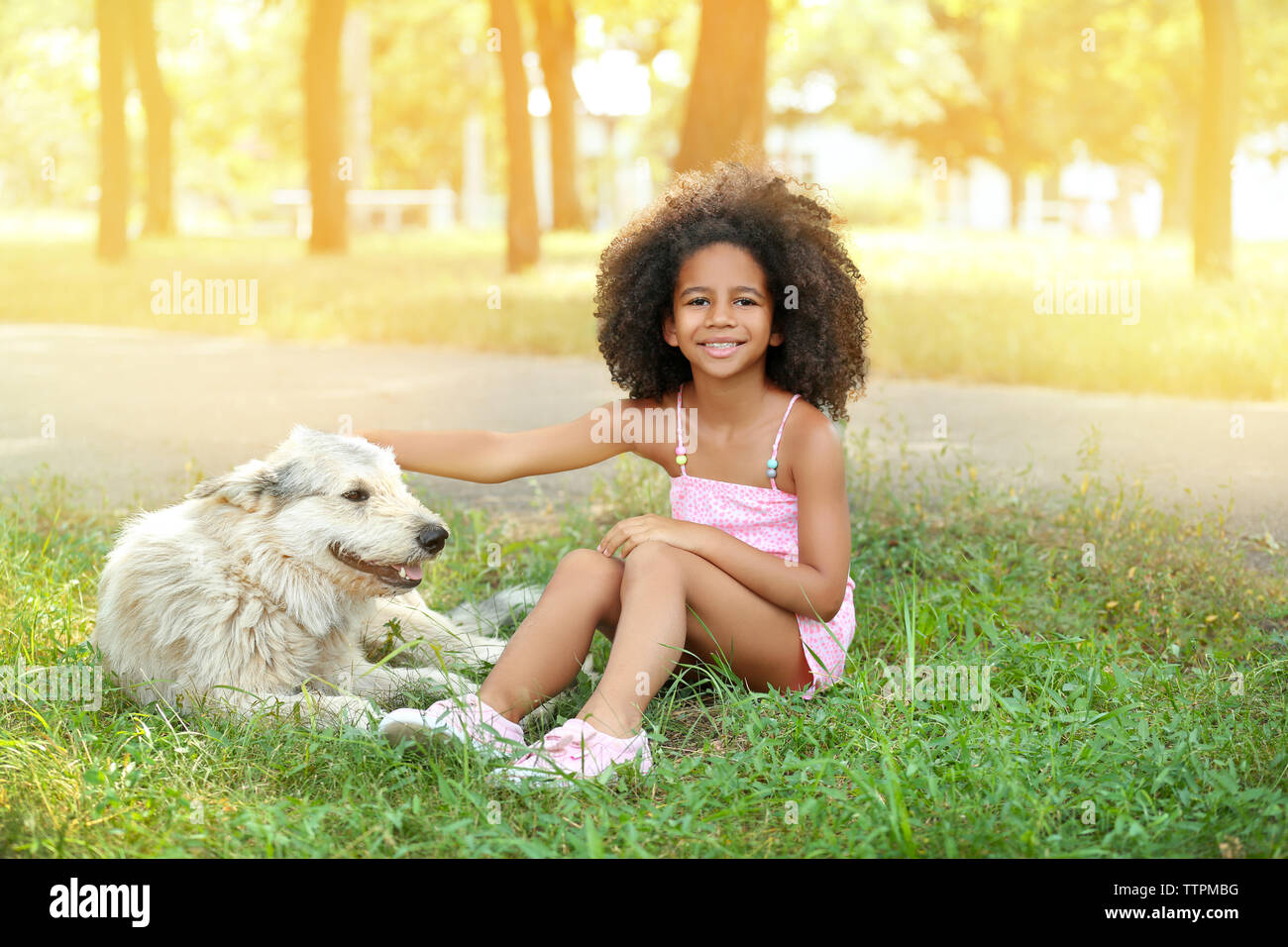 Cute African American girl playing with dog in park Stock Photo - Alamy
