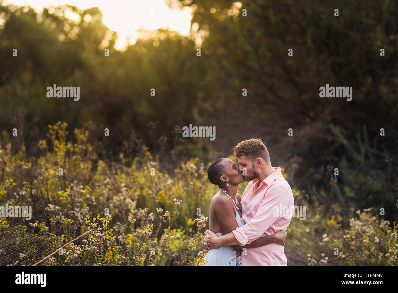 Side view of romantic couple kissing while standing amidst plants in ...