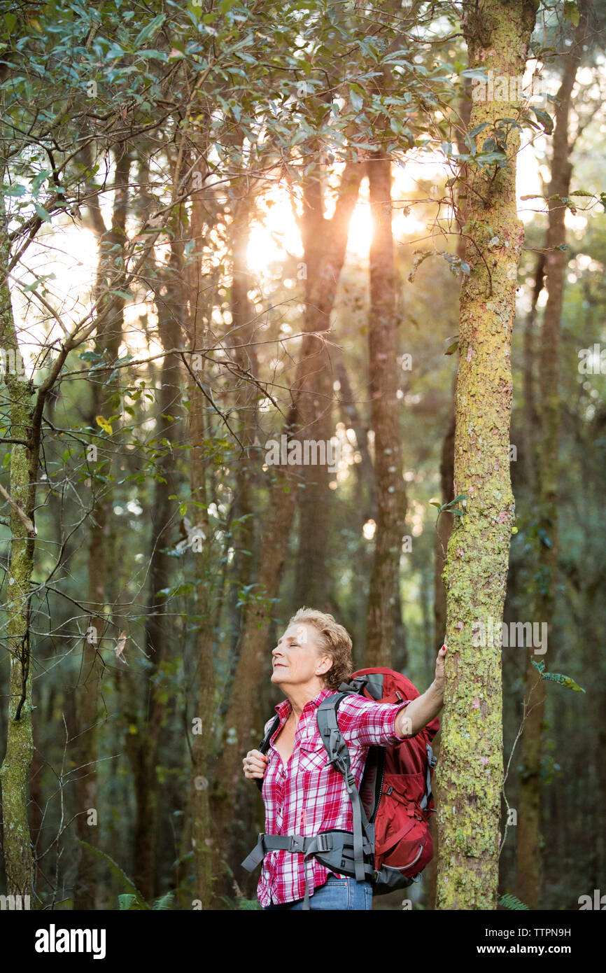 Senior woman carrying backpack standing against trees in forest Stock ...