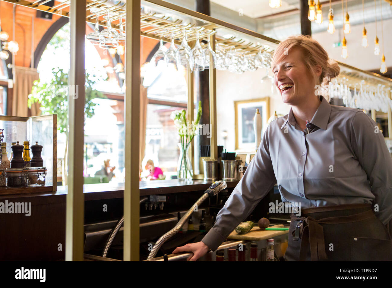 Cheerful bartender standing at counter in bar Stock Photo - Alamy