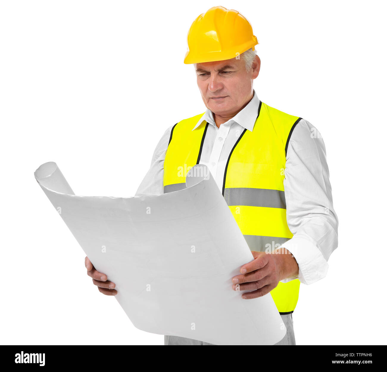 Construction worker with blueprint, isolated on white Stock Photo - Alamy