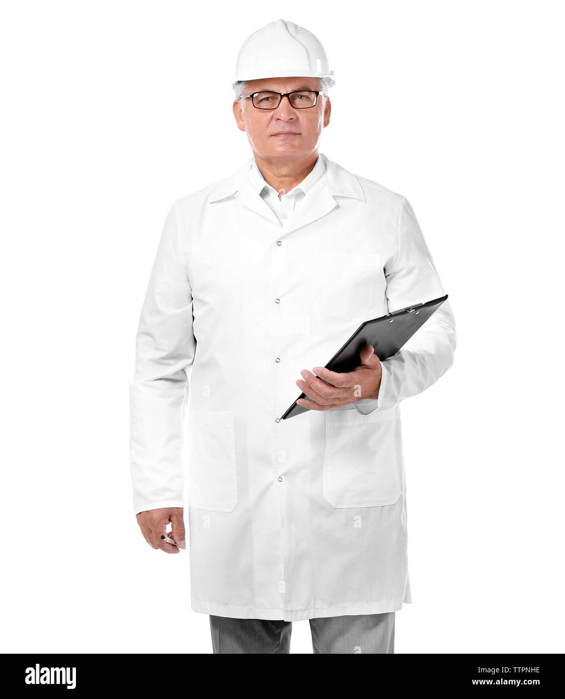 Construction worker with clipboard, isolated on white Stock Photo - Alamy