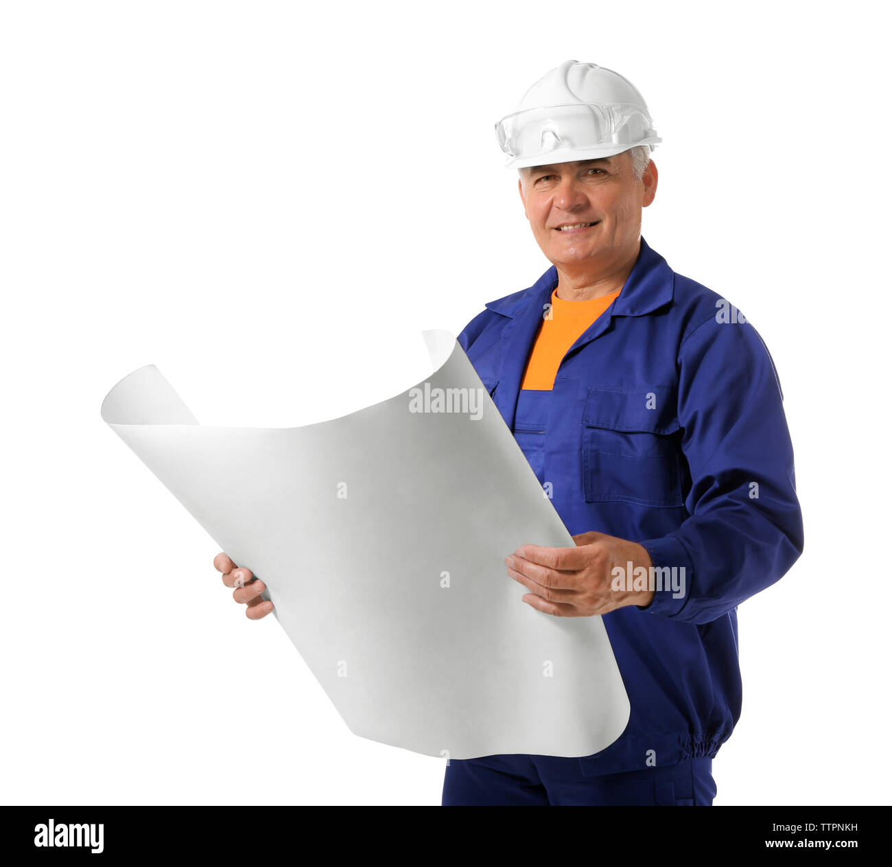 Construction worker with blueprint, isolated on white Stock Photo - Alamy