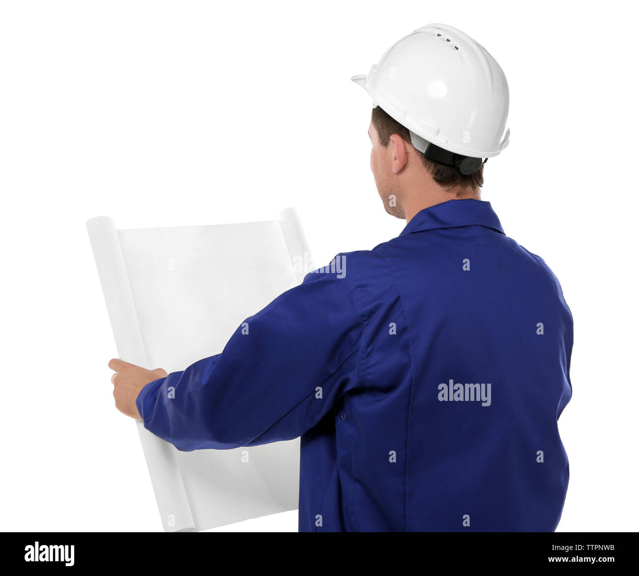 Construction worker with blueprint, isolated on white Stock Photo - Alamy