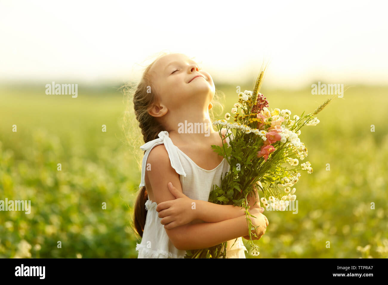 Happy little girl with flowers in the field Stock Photo - Alamy