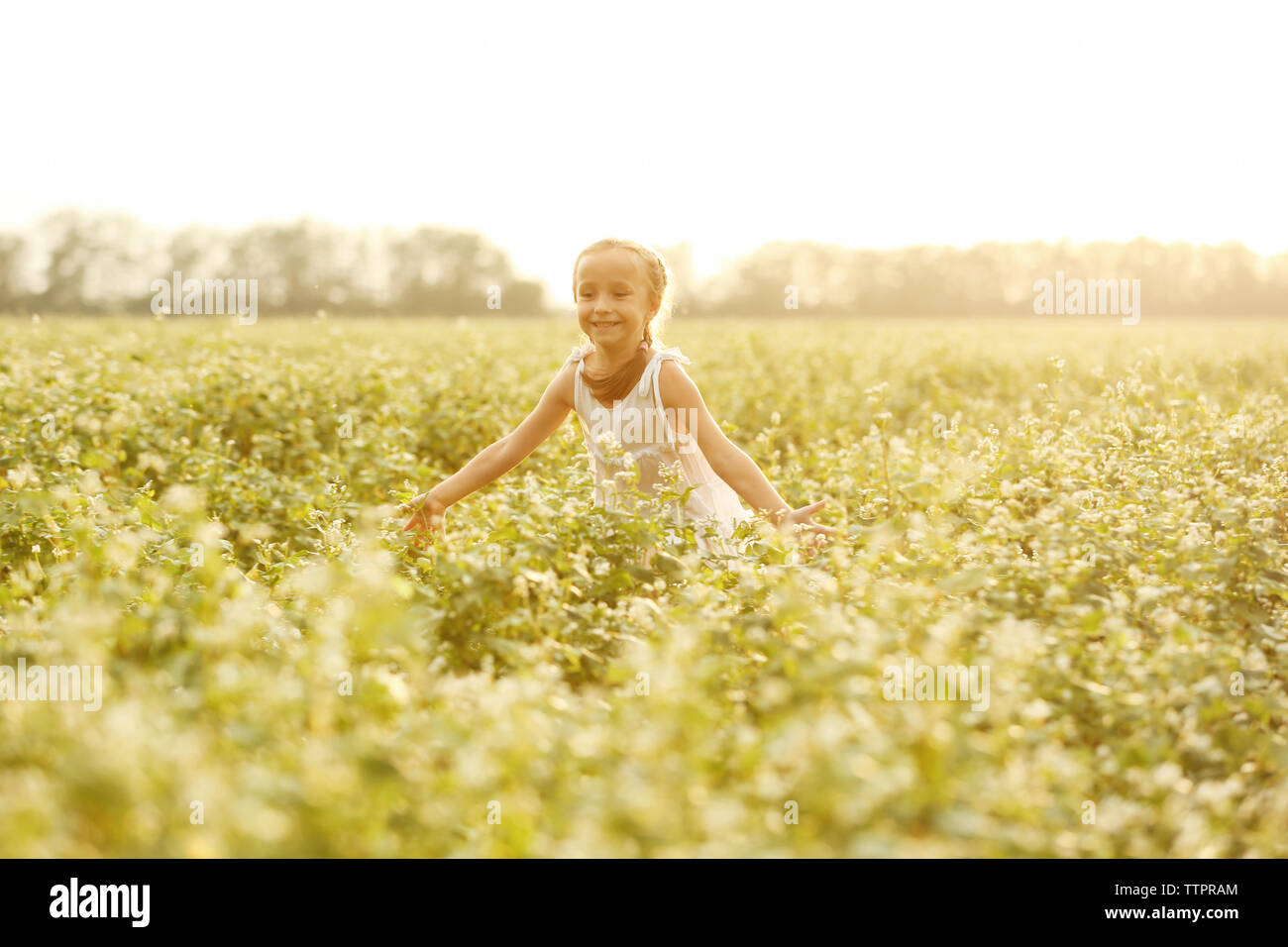 Happy little girl in the field Stock Photo - Alamy
