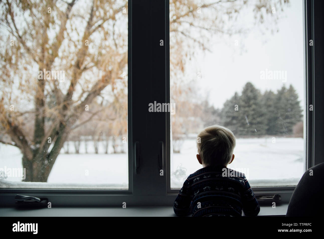 Rear view of baby boy looking through window while standing at home ...