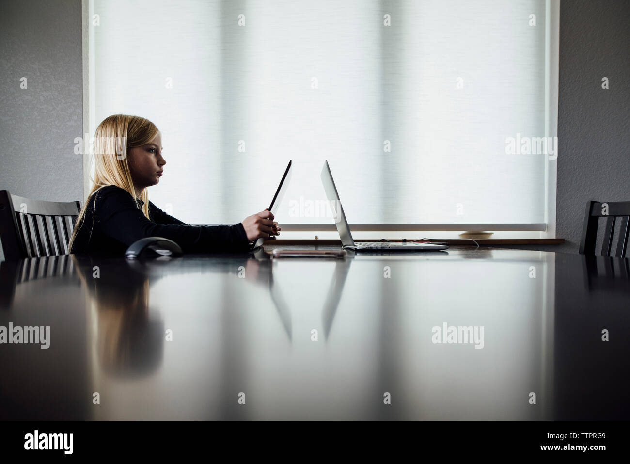 Side view of girl using laptop computer while sitting at home Stock ...