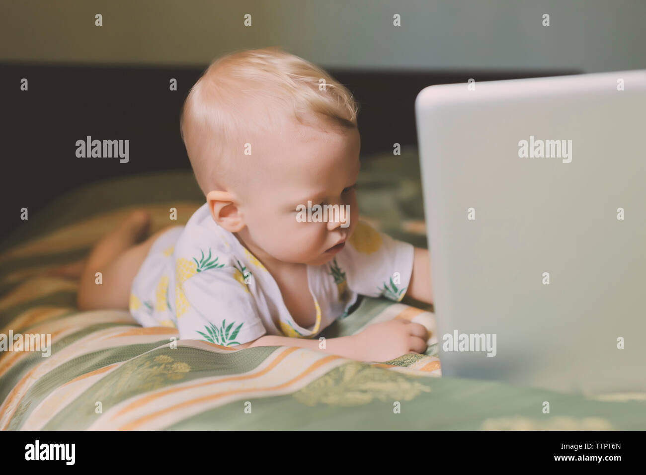 Cute baby boy with laptop computer lying on bed at home Stock Photo - Alamy