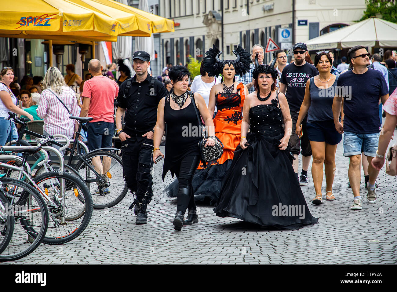 Leipzig, Germany , Juny 9, 2019 . Festive people in black and red ...