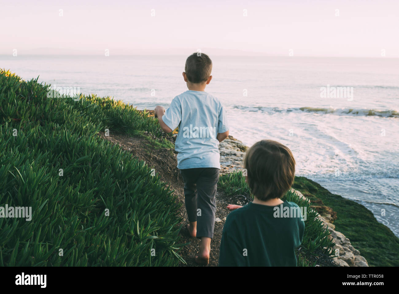 Rear view of brothers walking on mountain cliff against sea Stock Photo ...