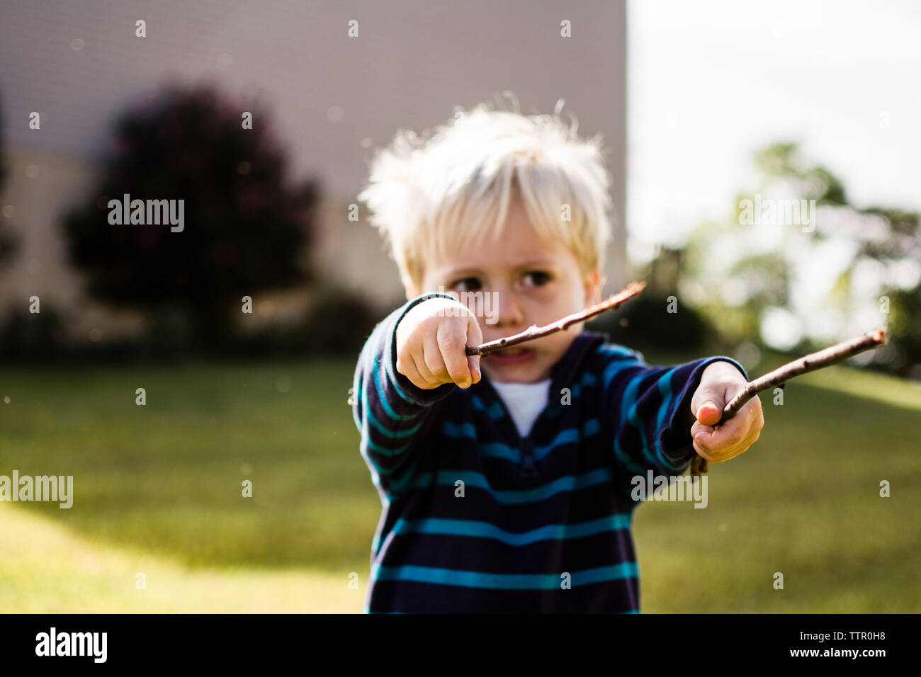 Boy playing with sticks in backyard Stock Photo - Alamy