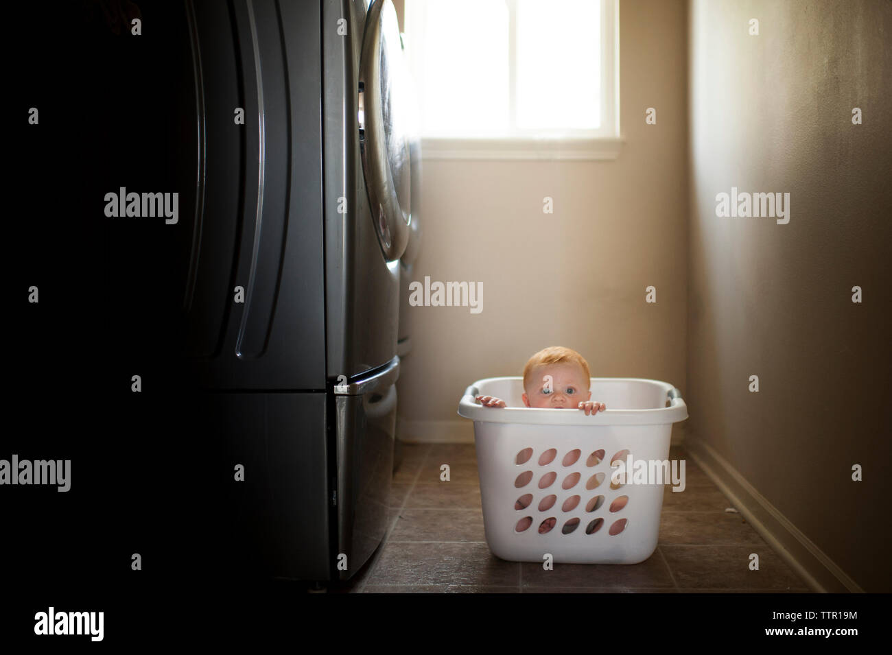 Portrait of cute baby boy in laundry basket by washing machine Stock ...