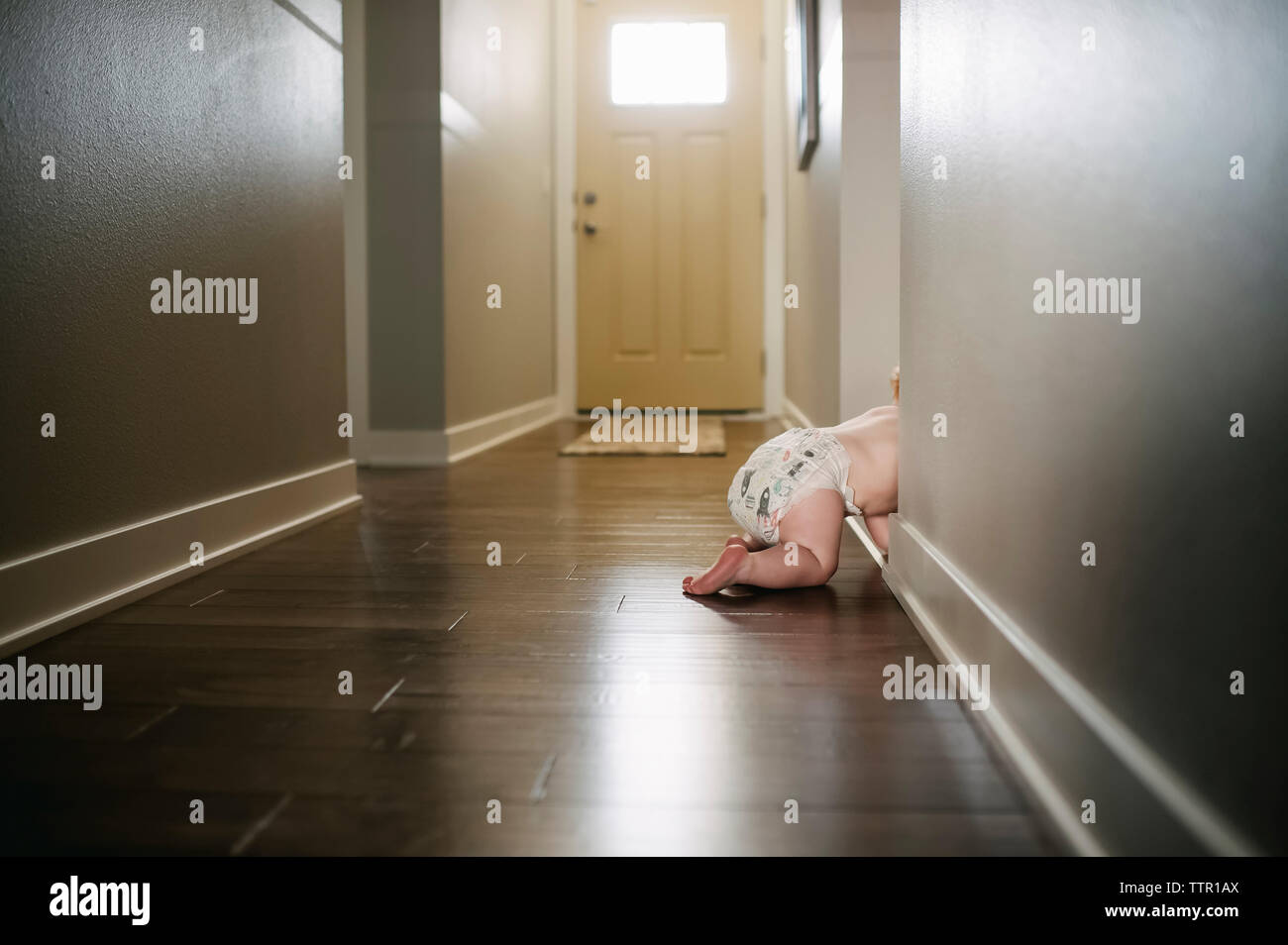 Low section of baby boy crawling on floor at home Stock Photo - Alamy