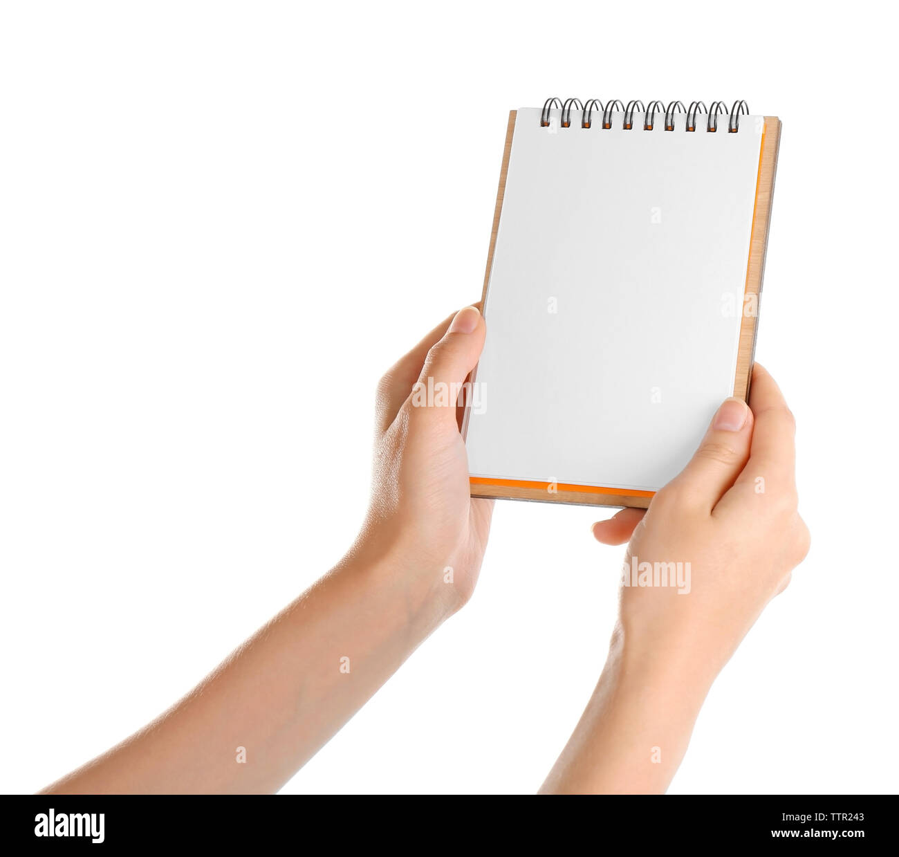 Hands holding notepad on white background Stock Photo - Alamy