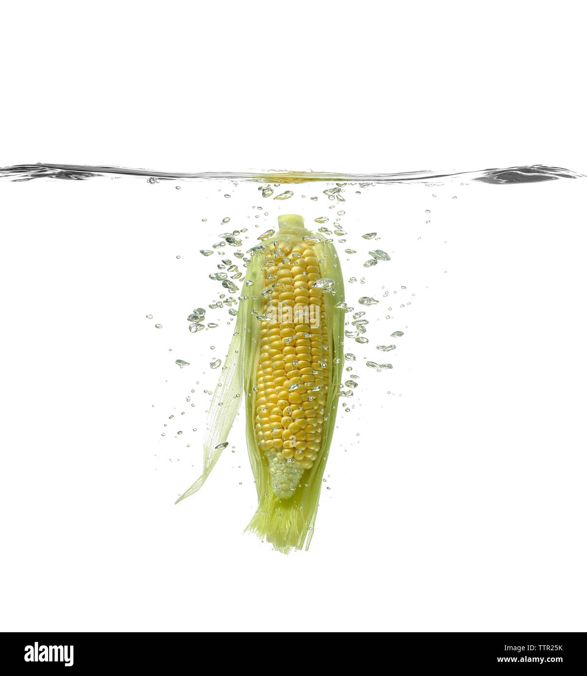 Unpeeled corn falling into water on white background Stock Photo - Alamy