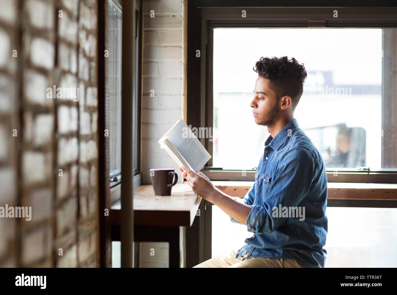 Side view of man reading book while sitting by windows at cafe Stock ...