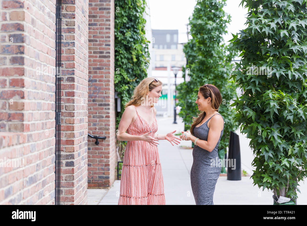 Happy female friends talking while standing at sidewalk Stock Photo - Alamy