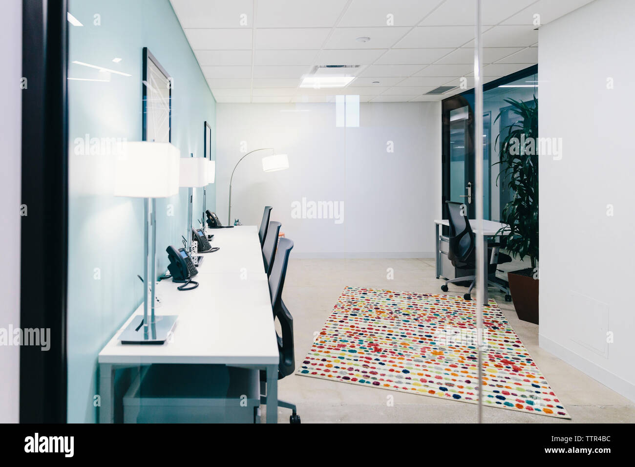 Illuminated desk lamps with landline phone arranged on desk seen ...
