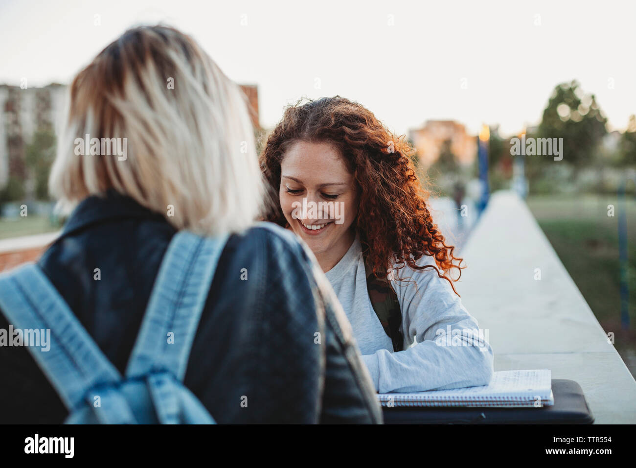 Two young student talking at the park together Stock Photo - Alamy