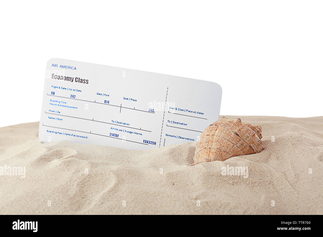 Ticket and sea shell on sand, white background Stock Photo - Alamy
