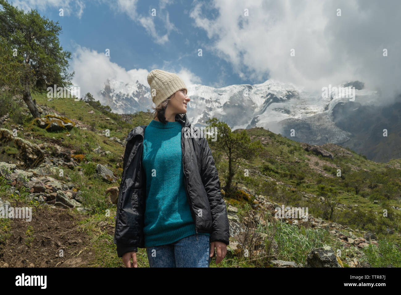 Young Hip Woman Exploring The Andes Mountains Stock Photo - Alamy